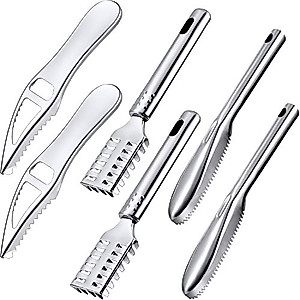 6 Pieces Fish Scaler Remover Fish Scaler Brush Stainless Steel Sawtooth Scarper Remover with Handle Multi-functional Bottle Opener for Kitchen Tool Faster and Easier Fish Scales Skin Removing Peeling