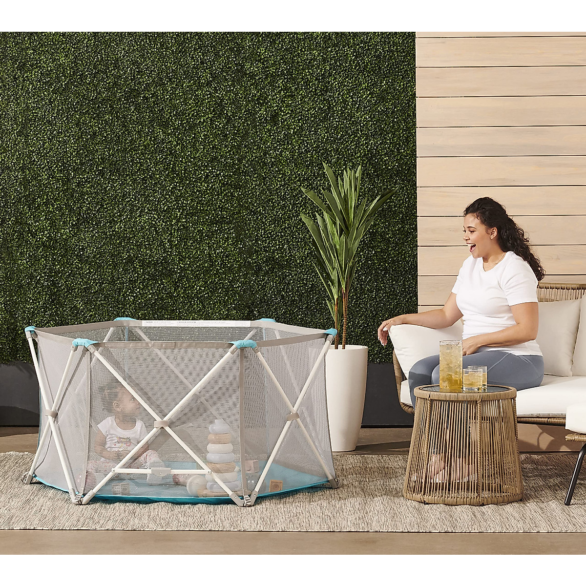 Regalo My Portable Play Yard Indoor and Outdoor, Washable, White/Gray/Teal, 6-Panel