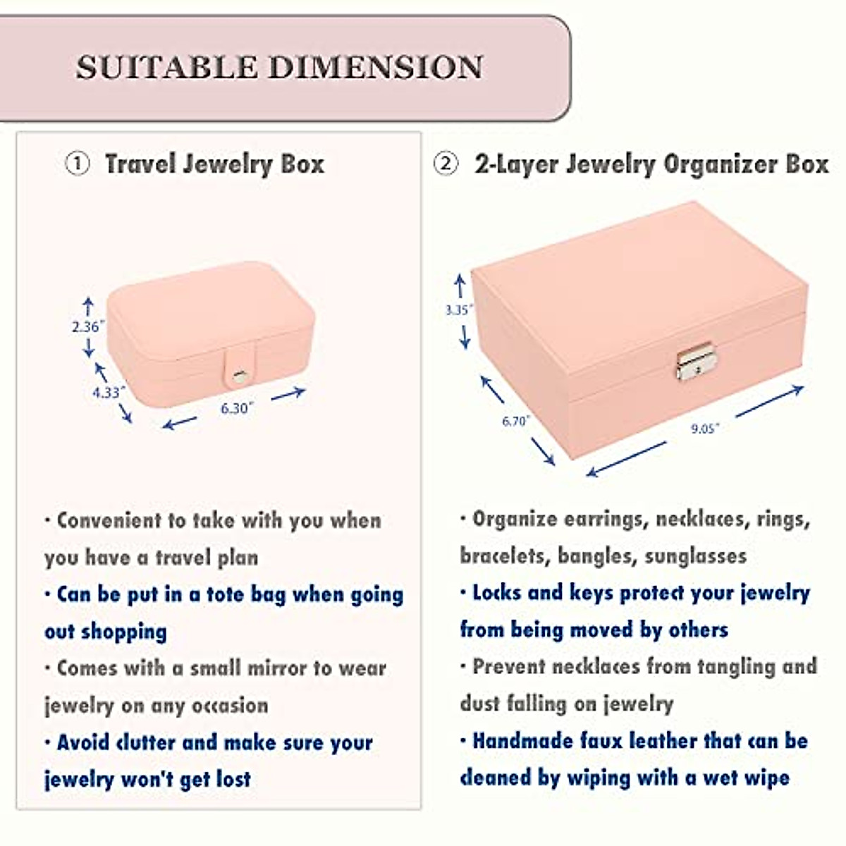 Jewelry Box Organizer Set for Women Girls, 2 Layer Jewelry Travel Organizer Necklace Earrings Bracelets Rings Storage Case with Adjustable Compartments, PU Leather