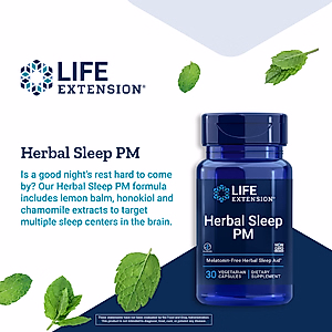Life Extension Herbal Sleep PM – Natural Sleep Supplement without Melatonin - with Lemon Balm, Honokiol & Chamomile Extracts for Healthy Sleep - Non-GMO, Gluten-Free - 30 Vegetarian Capsules