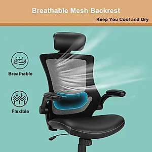 POWERSTONE Ergonomic Office Chair with Thickened Leather Seat, Mesh Desk Chair with Adjustable Headrest Lumbar Support and Flip-up Armrests for Home, Office, Study