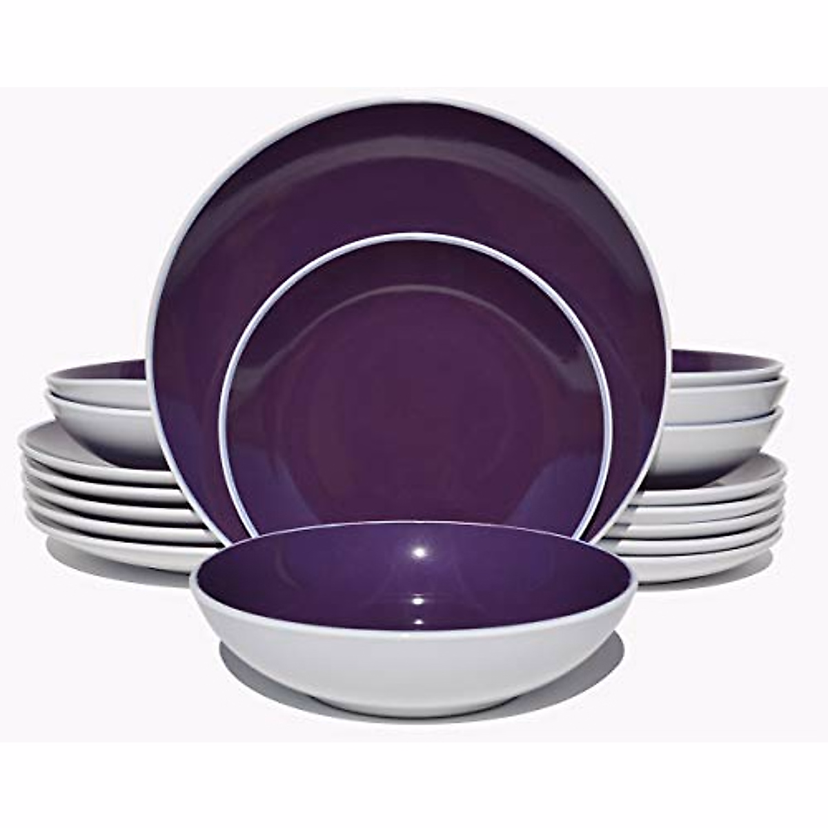HomeVss Stoneware Coupe 18pc Dinner Set, Outside White + Inside Purple