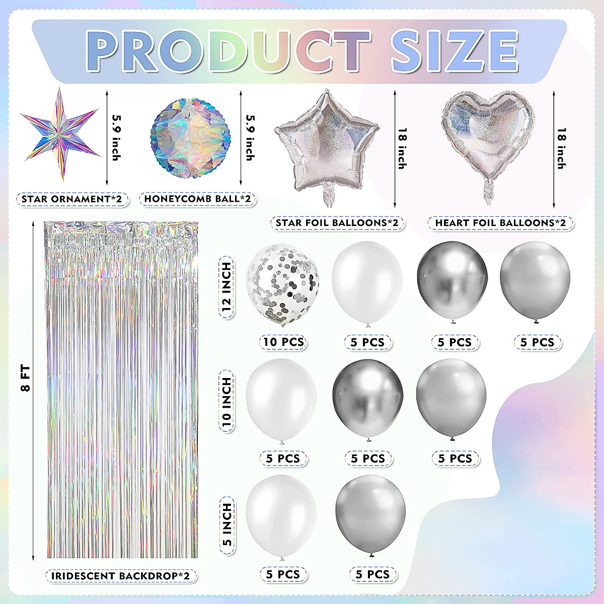 Iridescent Birthday Party Decoration Set 78Pcs, Disco Groovy 60s 70s Party Supplies Silver Party Decors include Disco Ball Banner Balloon Garland Arch Tablecloth Fringe Curtain Cake Topper Set