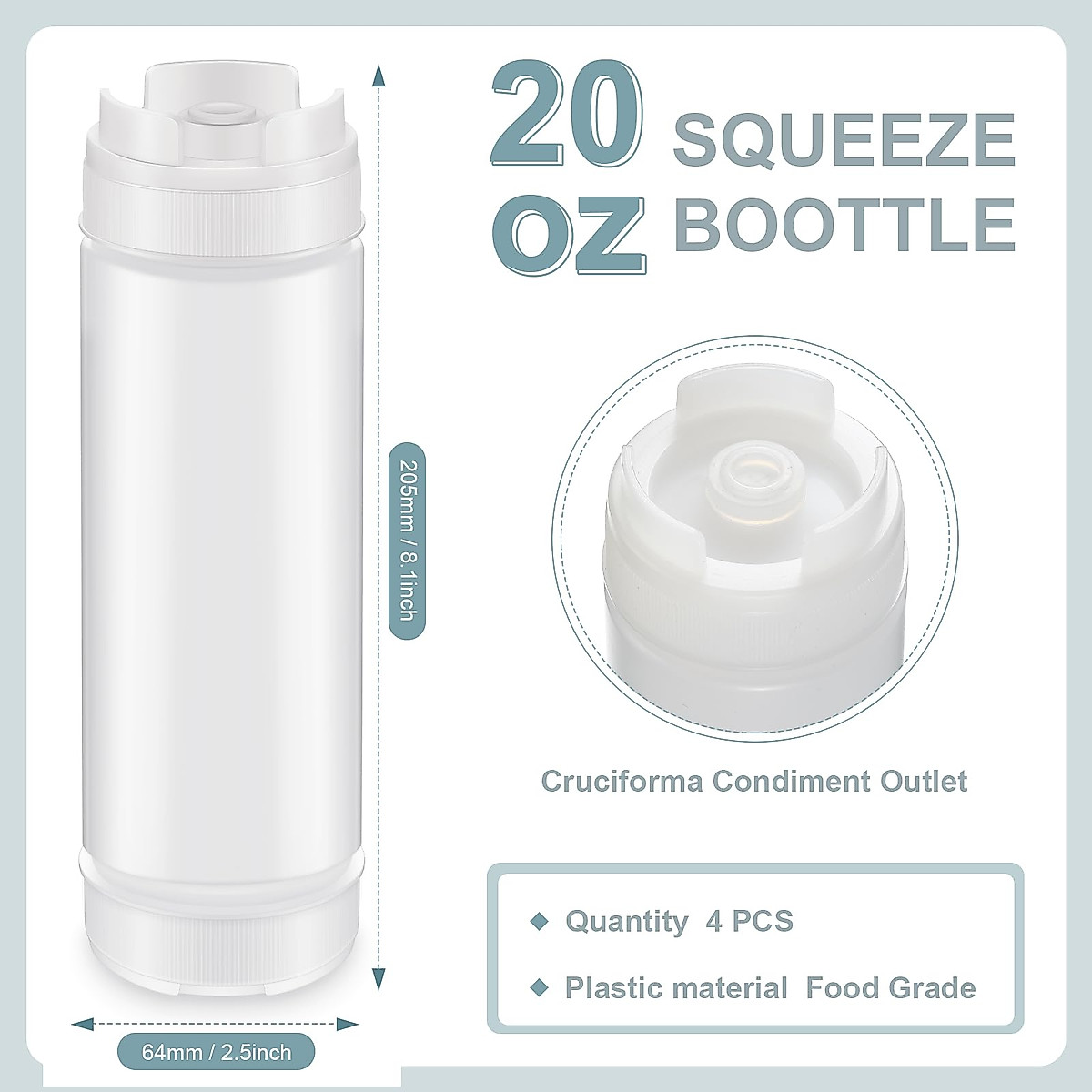 Didaey 4 Pcs Squeeze Bottles Refillable 20 oz, Inverted Plastic Tip Large Valve Dispenser Condiment Squeeze Bottle for Sauces Ketchup Sour Cream Self Sealing Syrup Dispenser for Restaurants (White)