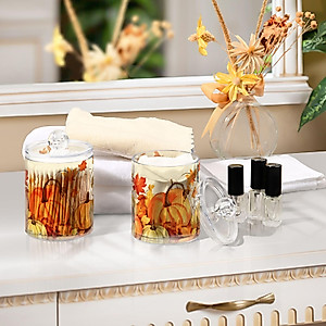2 Pack Qtip Holder Dispenser for Cotton Ball Pumpkin Autumn Yellow Maple Leaves Fall Cotton Swab Cotton Round Pads Clear Plastic Acrylic Jar Set Bathroom Canister