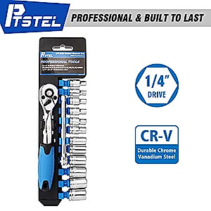 PTSTEL 14 Pieces Socket Wrench Kit, 1/4” Drive Socket Set with 72 Teeth Release Ratchet Wrench and Extension Bar, CR-V Sockets