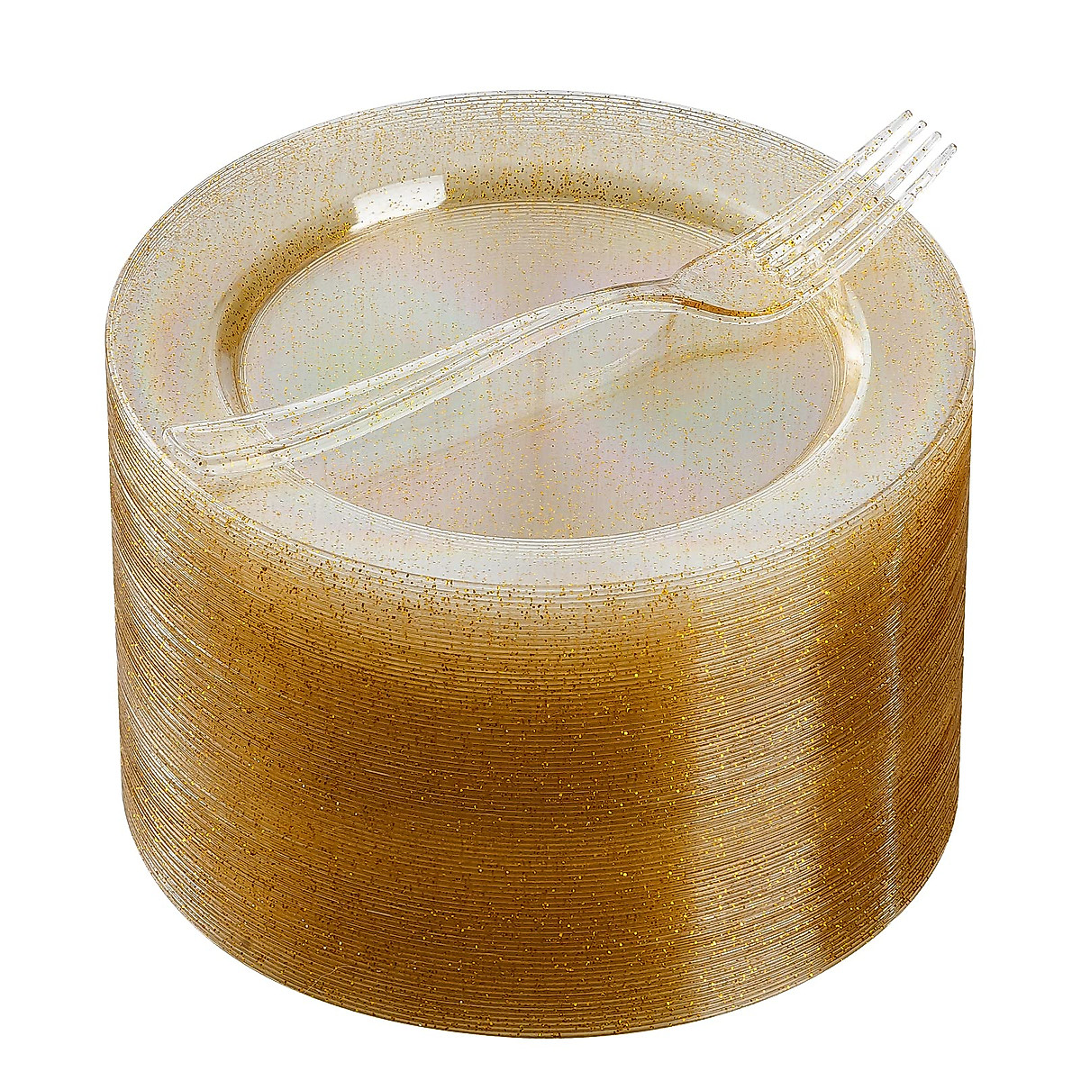 Goodluck 120PCS Gold Glitter Plates with Plastic Forks, Gold Dessert Plates for 60 Guests, Heavy Duty Disposable Plates for Party, Including 60 7" Plastic Plates and 60 7.4" Plastic Forks