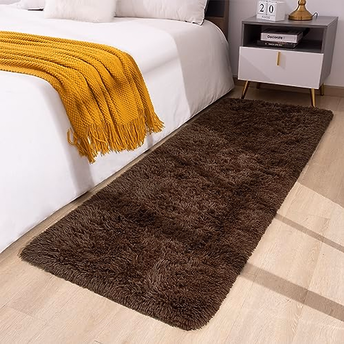 Toneed Fluffy Runner Rug for Bedroom Living Room, 2 x 6 Feet Brown Shaggy Rug Super Soft Modern Indoor Area Rug Fuzzy Plush Carpet for Dorm Nursery Kids Room Home Decorative