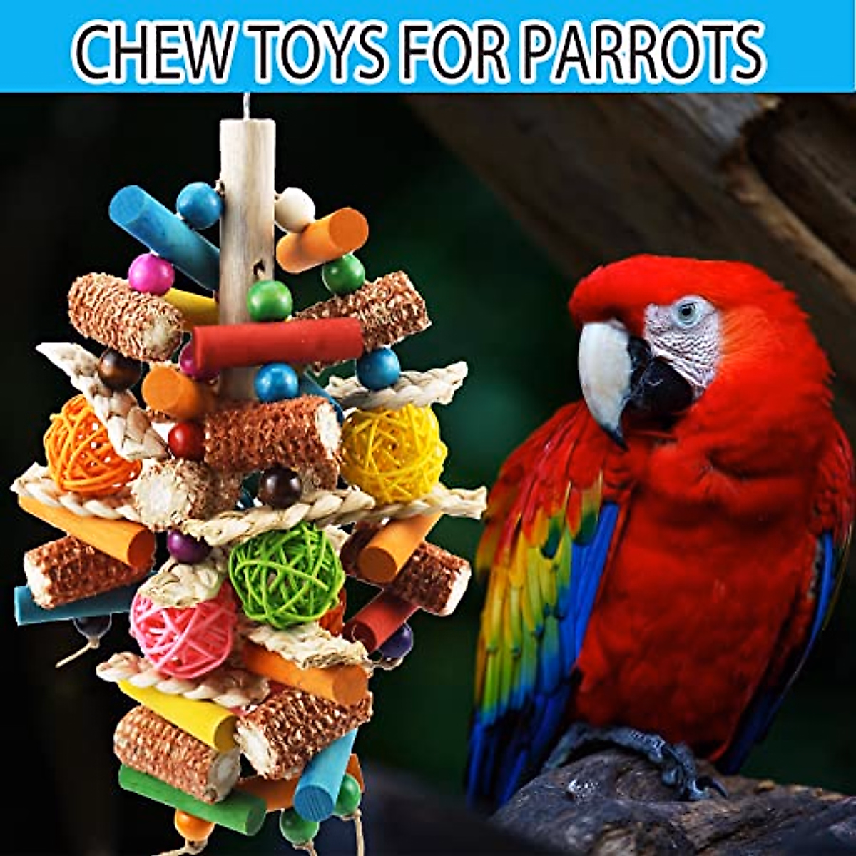 Kewkont Bird Toys, Parrot Toys for Large Birds, Natural Peppered Wood African Grey Parrots, Macaws, Cockatoos, Amazon Parrot chew Toys, Aviary Hanging Toys
