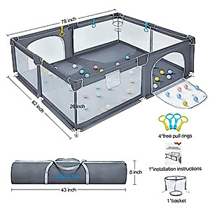 Baby Playpen, 78" x 62" x 26" Playpen for Babies and Toddlers, Indoor & Outdoor Kids Activity Center, Sturdy Safety Play Yard with Soft Breathable Mesh, Dark Grey (Including 50 Ocean Balls)