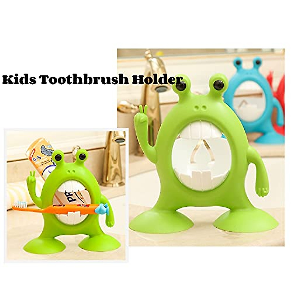 Cartoon Frog Fun Kids Toothbrush Holder with Suction Cup for Bathroom,Toothpaste Holder with Cup for Mounting on Smooth Wall for Toddler Kids Baby Boys Girls in Bathroom Shower Bedroom Office (Blue)