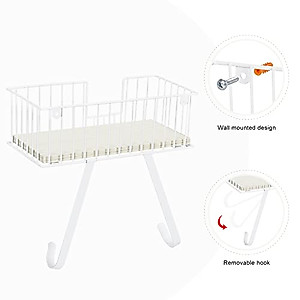 Ironing Board Hanger Wall Mount for Y Leg Ironing Board Holder with Shelf and Wooden Base Basket Iron Holder Rack with Hooks for Home Laundry Room White