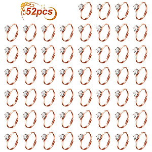 Naler Bridal Shower Rings 52 Pack Rose Gold Diamond Engagement Rings for Wedding Party Favors Table Decorations Cupcake Toppers