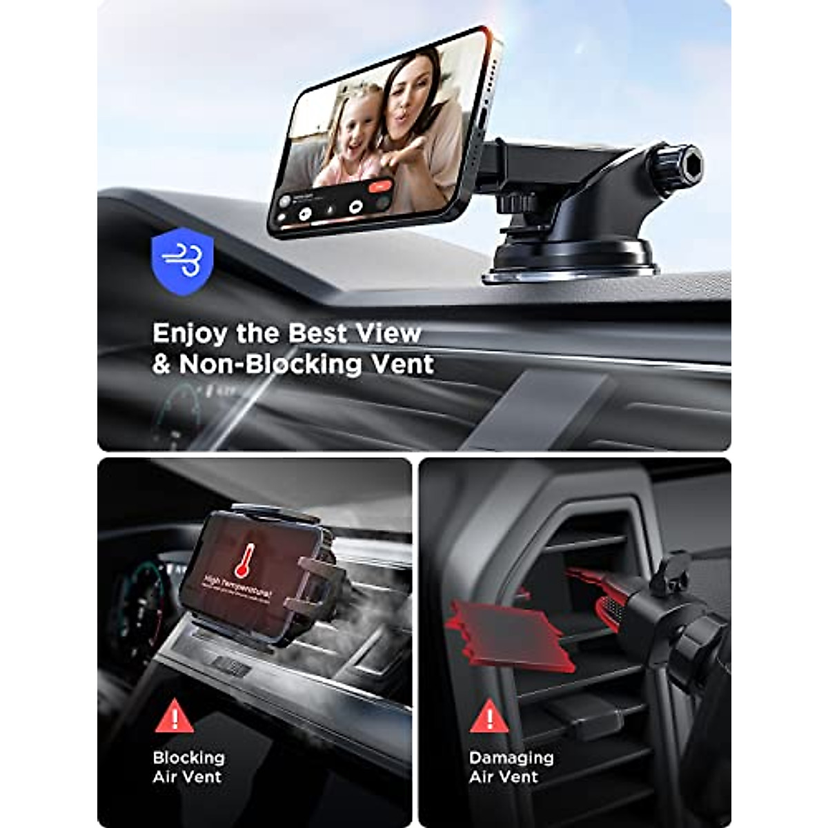 LISEN Magnetic Phone Holder for Car Mount Universal Dashboard Windshield Magnet Car Phone Holder Mount Industrial-Strength Suction Cup Car Magnet Phone Mount for Cell Phone & All Tablets (Black)