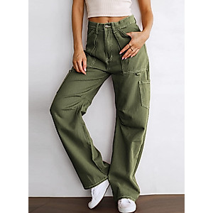 Dokotoo Cargo Pants Women High Waisted Baggy Wide Leg Dress Pants Women Womens TrousersPants Straight Leg Jeans for Women Trendy Baggy Y2K Trousers with Pockets Green