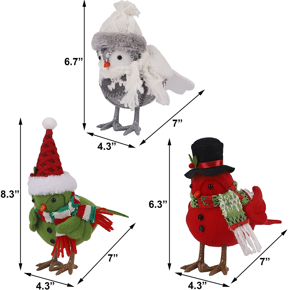 Prsildan Christmas Table Decorations Birds, Set of 3 Christmas Bird Figurine Table Top Decor, Green Red Gray Xmas Birds Ornaments for Winter Home Kitchen Fireplace Mantel Holiday Party