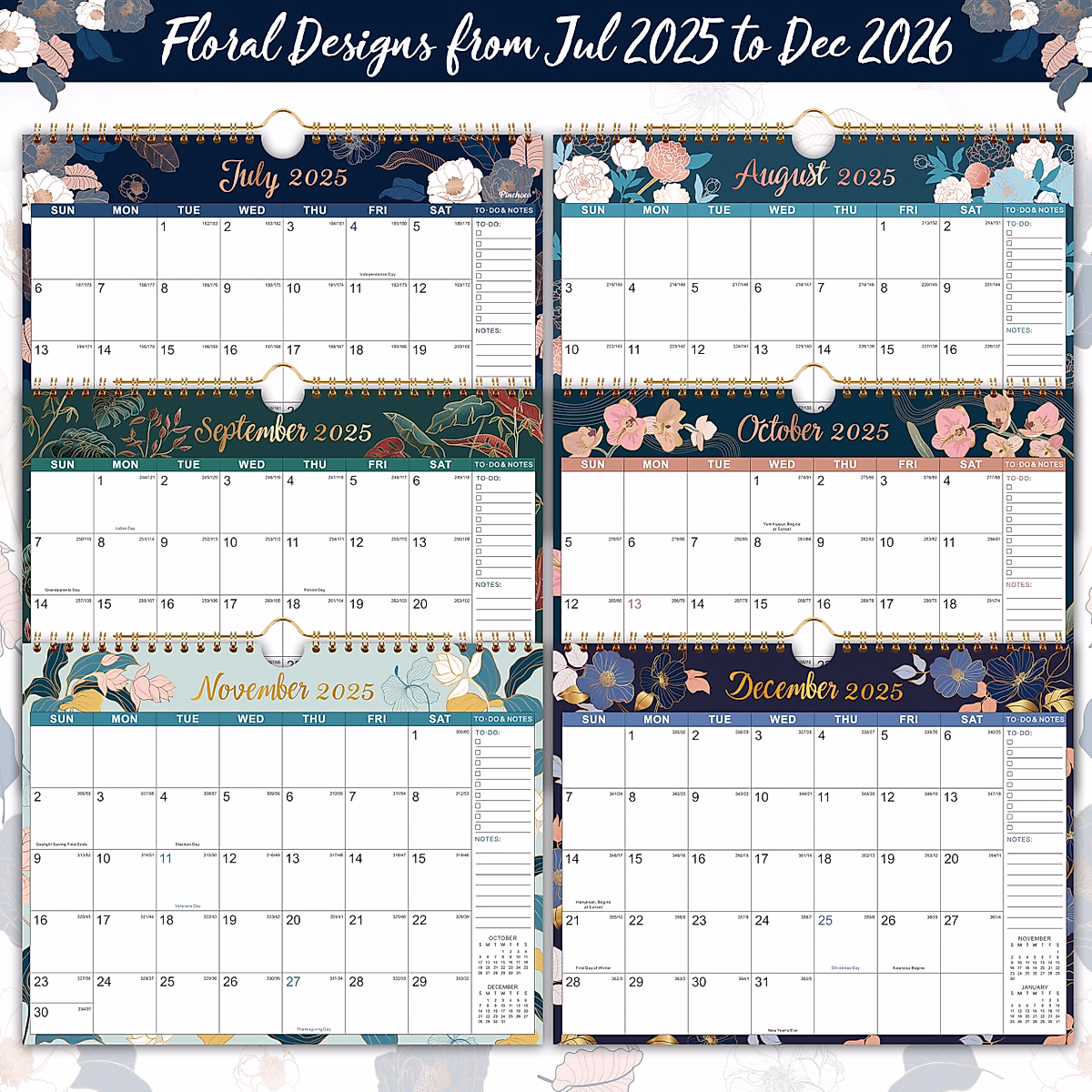 2025-2026 Calendar - Wall Calendar 2025-2026, Jul.2025 - Dec.2026, 8.5" x 11", 2025-2026 Wall Calendar with Twin-Wire Binding, Hanging Hook, Unruled Block - Engraved Art Floral