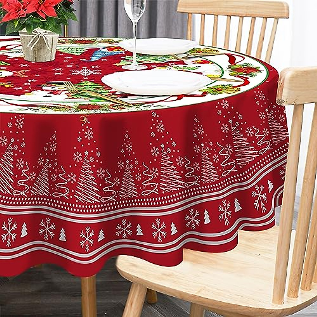 Round Christmas Tablecloth, Christmas Poinsettia Table Cloth Round 70 Inch, Christmas Tree Snowman Table Cloths with Gnomes Santa Claus Circle Table Cover Holiday Decor Gifts for Dining Room Indoor