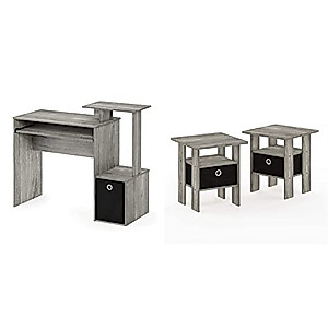 Furinno Econ Multipurpose Home Office Computer Writing Desk, French Oak Grey & Andrey Set of 2 End Table/Side Table/Night Stand/Bedside Table with Bin Drawer, French Oak Grey