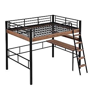Full Size Loft Bed with Desk and Storage Shelf, Metal Loft Bed Full Size with Wider Ladder and Full Length Guardrail, Full Size Loft Bed for Kids, Teens, Full Size Loft Bed Black+Natural