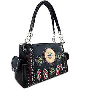 Zelris Tribal Dream Catcher Feather Embroidery CCW Concealed Carry Western Handbag And Wallet Set (Black)