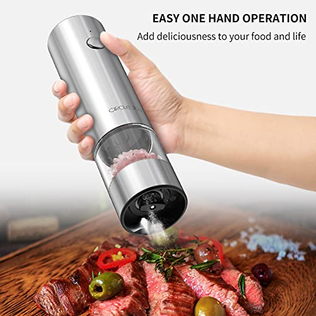 CIRCLE JOY Electric Salt and Pepper Grinder Set Stainless Steel Spice Grinder Automatic Pepper Mills with Easy-to-Carry Dual Charging Station, Brush, White Led Light, and Adjustable Coarseness