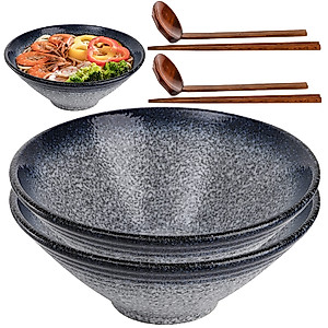 Peohud 2 Pack Porcelain Ramen Bowls, 50oz Large Noodle Bowl with Wooden Chopsticks and Spoons, Japanese Bowl for Soup, Salad, Udon, Soba, Pho, Blue