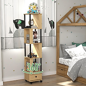YAGEANNL 4 Tier Rotating Bookshelf with Wheel, 59" Tall Spinning Bookshelf Tower for Kids, Swivel Revolving Bookcase with Drawer Small Corner Bookshelf for Bedroom Library Classroom Narrow Space
