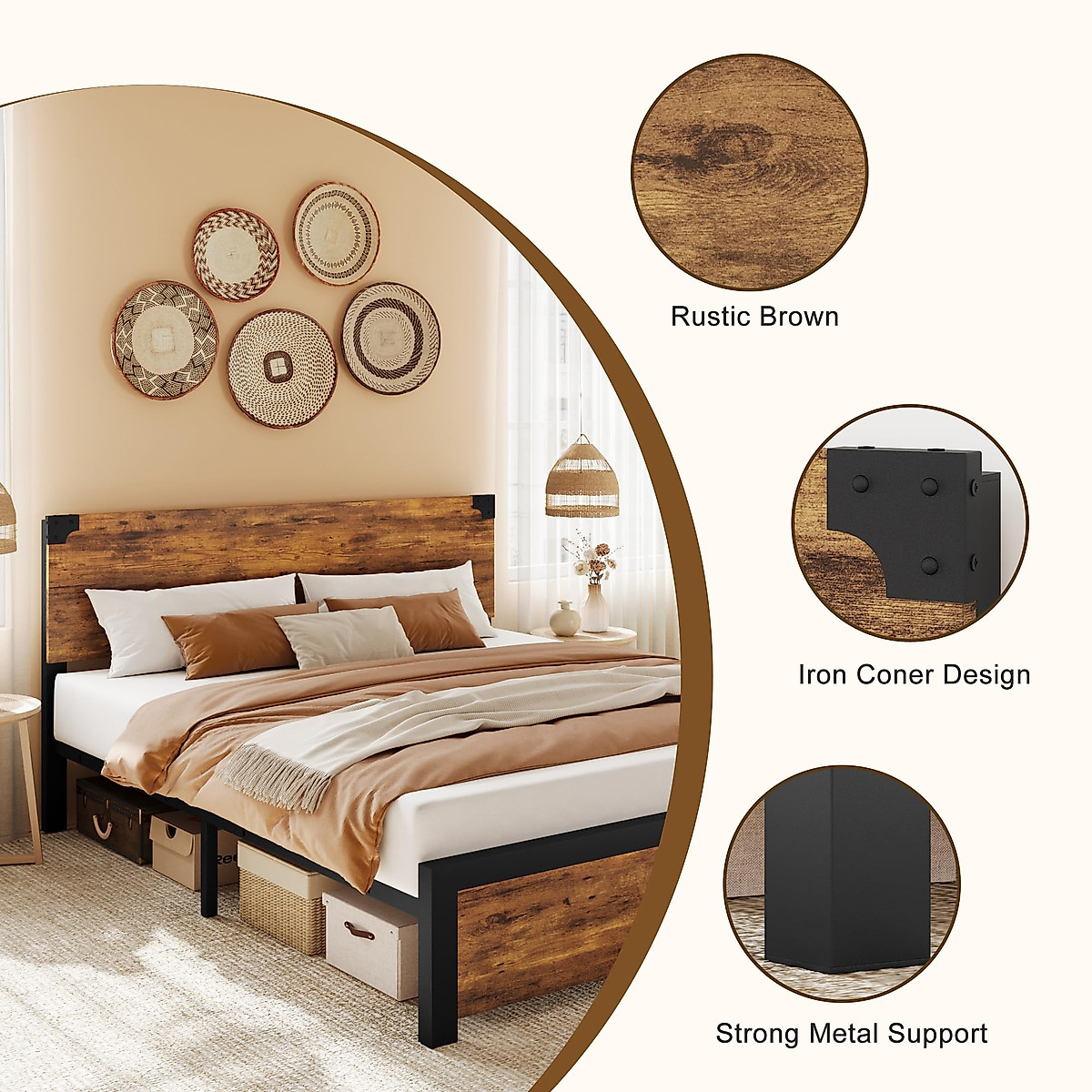 GAOMON Full Bed Frame, Platform Full Size Bed Frame with Wood Headboard, Metal Full Bed Frame with Under Bed Storage and Support Legs, Noise Free, No Box Spring Needed, Easy Assembly-Rustic Brown