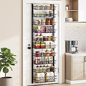 1Easylife Over the Door Pantry Organizer, 10-Tier Adjustable Baskets Pantry Organization, Metal Door Shelf with Detachable Frame, Space Saving Hanging Spice Rack for Kitchen Pantry Bathroom Door
