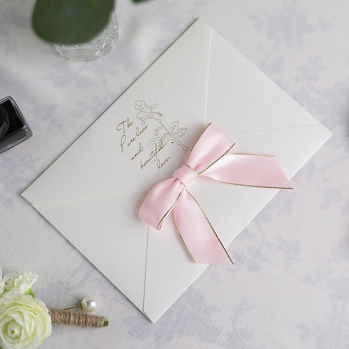 AIMUDI Pink Twist Tie Bows for Treat Bags 3.5" Premade Pink and Gold Bows for Crafts Pre-Tied Pink Bows for Baby Shower, Cello Bags, Wedding Favors, Gift Wrapping, Party Decorations, 50 Counts