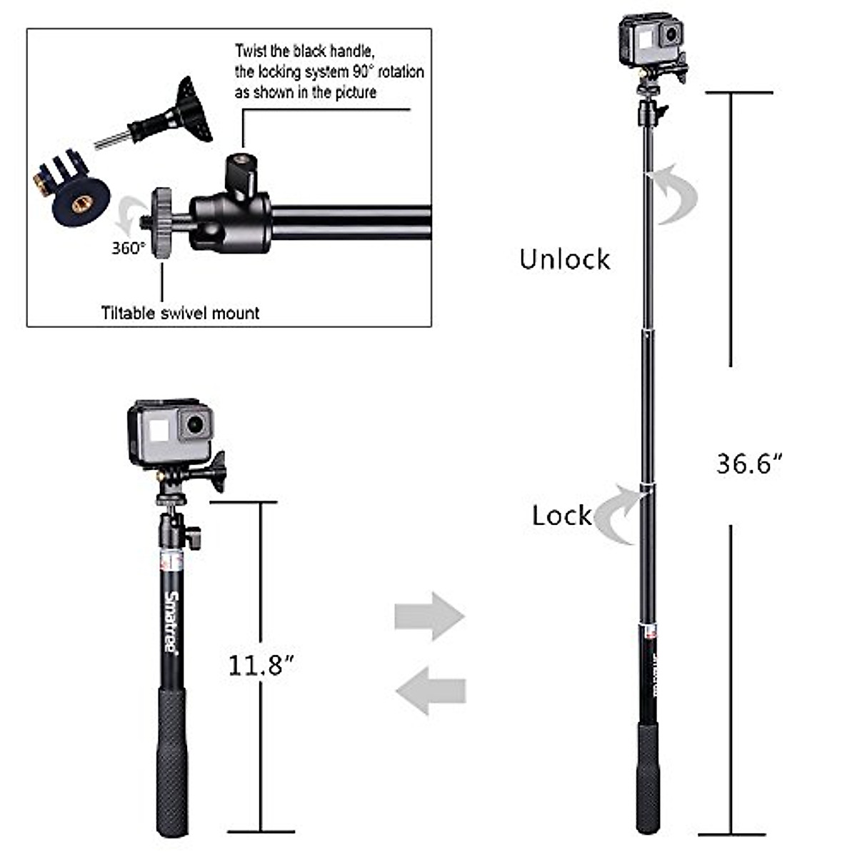 Smatree Telescoping Selfie Stick with Tripod Stand Compatible for GoPro Hero 11/10/9/8/7/6/5/4/3+/3/Session/GOPRO Hero (2018),Insta360,DJI OSMO Action,Ricoh Theta S/V,Compact Cameras and Cell Phones