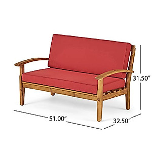 Christopher Knight Home Peyton Outdoor Acacia Wood Loveseat and Coffee Table Set with Water Resistant Cushions, Teak Finish / Red