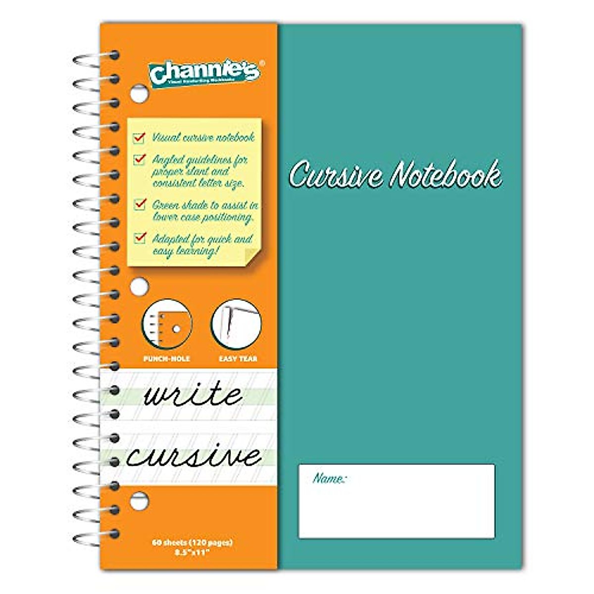 Channie's Visual Cursive Notebook 120Pages Easy to learn Practice Cursive Size 8.5” x 11”