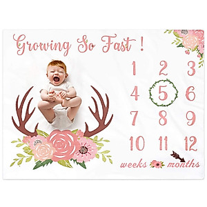 Eunikroko Baby Monthly Milestone Blanket for Girls Fleece Blankets Floral Deer Antler for Watch Me Grow Photography Background Weeks Months with Props for Newborn Infants Shower Gift