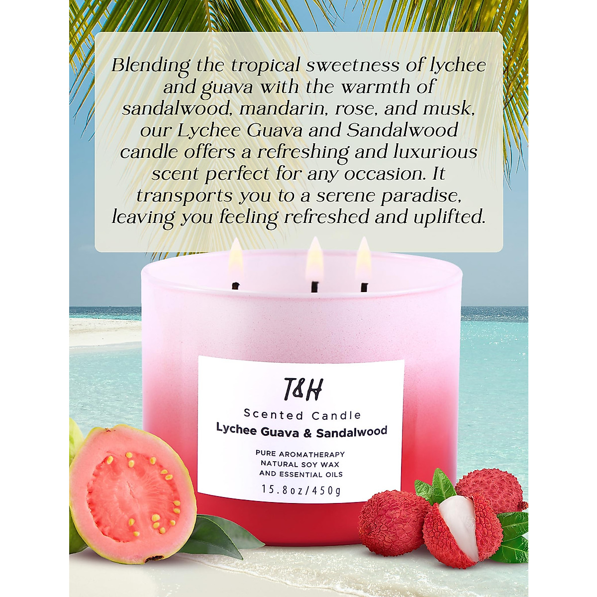 Lychee Guava Sandalwood Candle | Large 3-Wick Highly Scented Candle for Home | Natural Soy Candle 15.8 oz | Sweet & Refreshing Luxury Fragrance Candle | Relaxing Aromatherapy Candle for Women & Men
