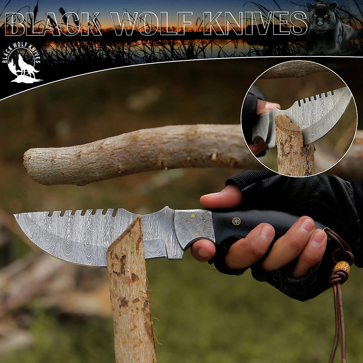 BLACK WOLF KNIFE Handmade Damascus Steel Tracker Knife EDC for Hunting, Bush craft, Camping, Fixed Blade G10 Handle with Cowhide Leather Sheath – BW-4141