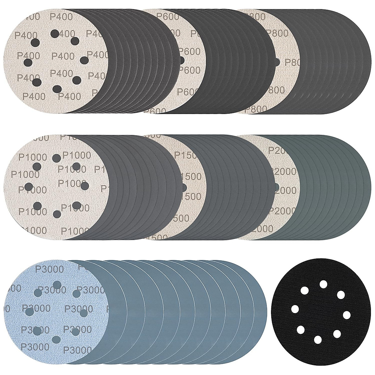 140 Pcs 5 Inch Wet Dry Sanding Discs Hook and Loop 8 Holes Sandpaper 400/600/800/1000/1500/2000/3000 Assortment Grits with Interface Pad for Orbital Sander Automotive Wood Plastic Metal Polishing