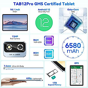 Blackview 2023 New Tab 12 Pro Android 12 Tablets 10" inch Tablet 14 (8+6 Expand) GB RAM + 128 GB ROM 1TB Expand Tablet PC, 1920 * 1200 FHD+IPS, Octa-core，2.4G/5G WiFi, Bluetooth 5.0 GPS Blue
