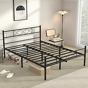 VECELO Queen Metal Platform Bed Frame with Headboard & Footboard, Steel Slats Mattress Foundation, No Box Spring Needed,Black