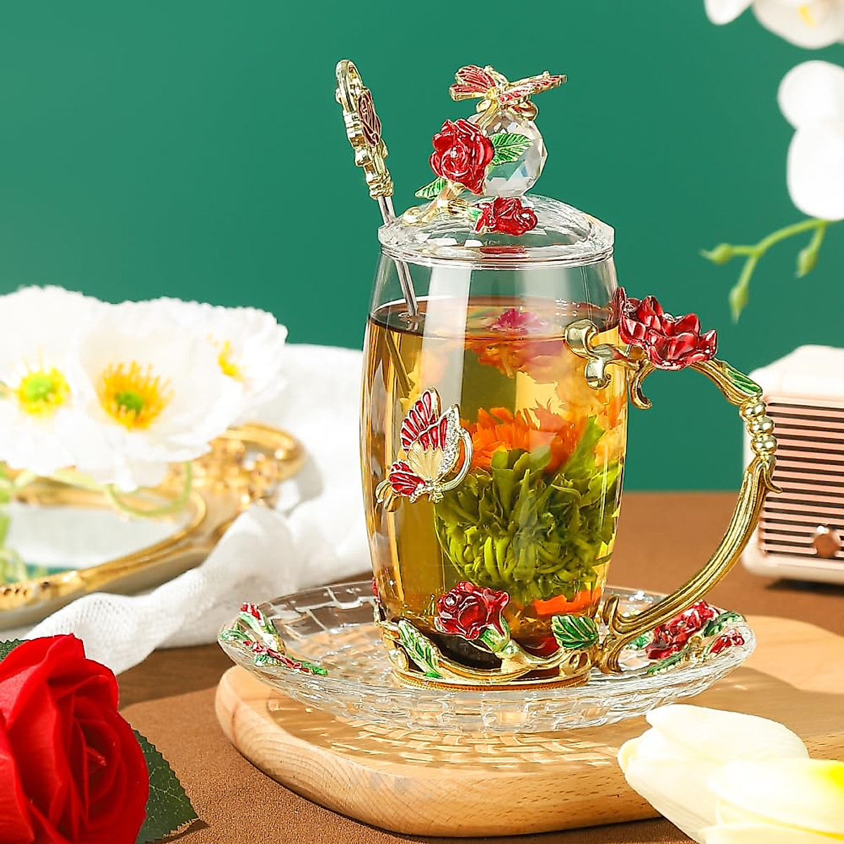 LANTREE Tea Cups with Saucer Lid Spoon Flower Butterfly Tea Cup Fancy Coffee Mug Unique Christmas Gift for Women Coworker Grandma Pack of 2(12oz)