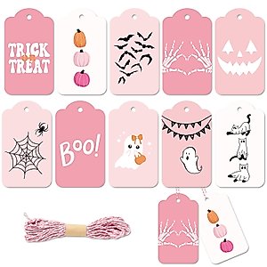 Whaline 120Pcs Halloween Paper Gift Tags Pink Cute Ghost Boo Pumpkin Hanging Labels with Cotton Rope for Birthday Baby Shower Name Present DIY Crafts, 10 Designs