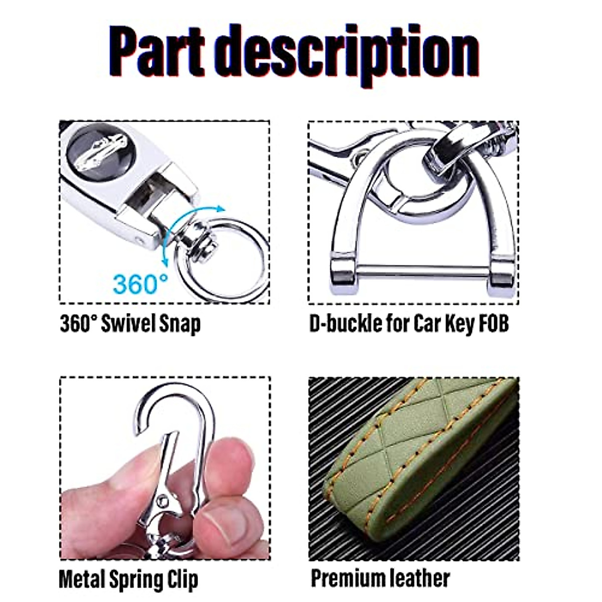 Moly Magnolia Microfiber Leather Car Keychain, Zinc Alloy Key Fob Holder, 360° Rotatable Keyring with Anti-Lost D-Ring for Women Men (Green)