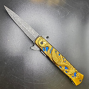 GOLDENSUN Gold dragon folding knife blue handle GSE32 GDBLZ