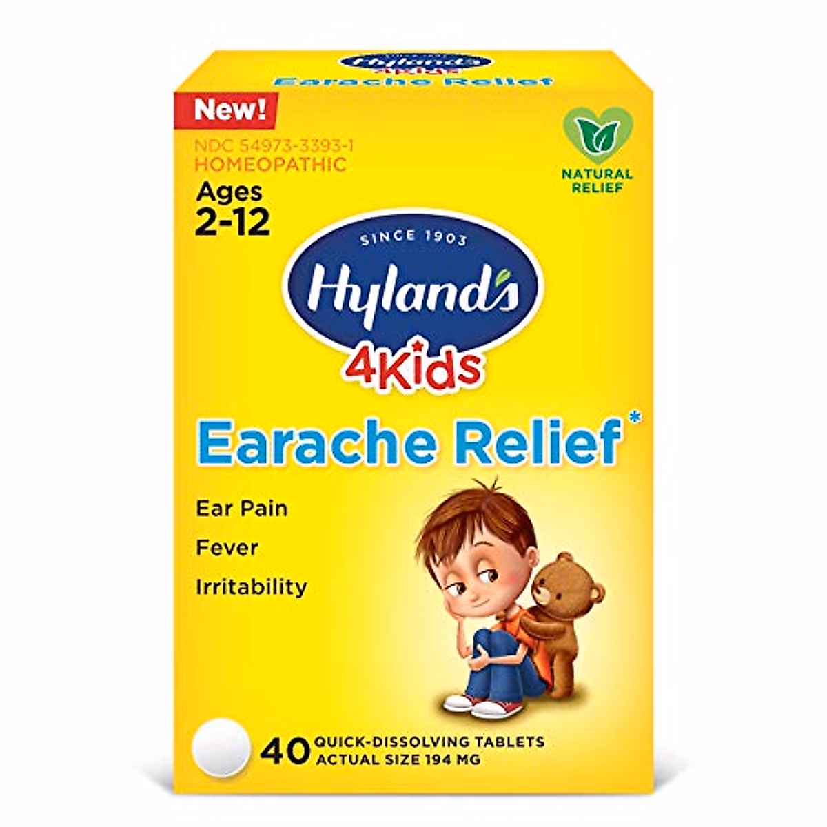 Swimmers Ear Relief Tablets for Kids by Hyland's, Fast Natural Homeopathic Pain Relief of Cold & Flu Earaches, Swimmers Ear, and Allergies, 40 Tablets
