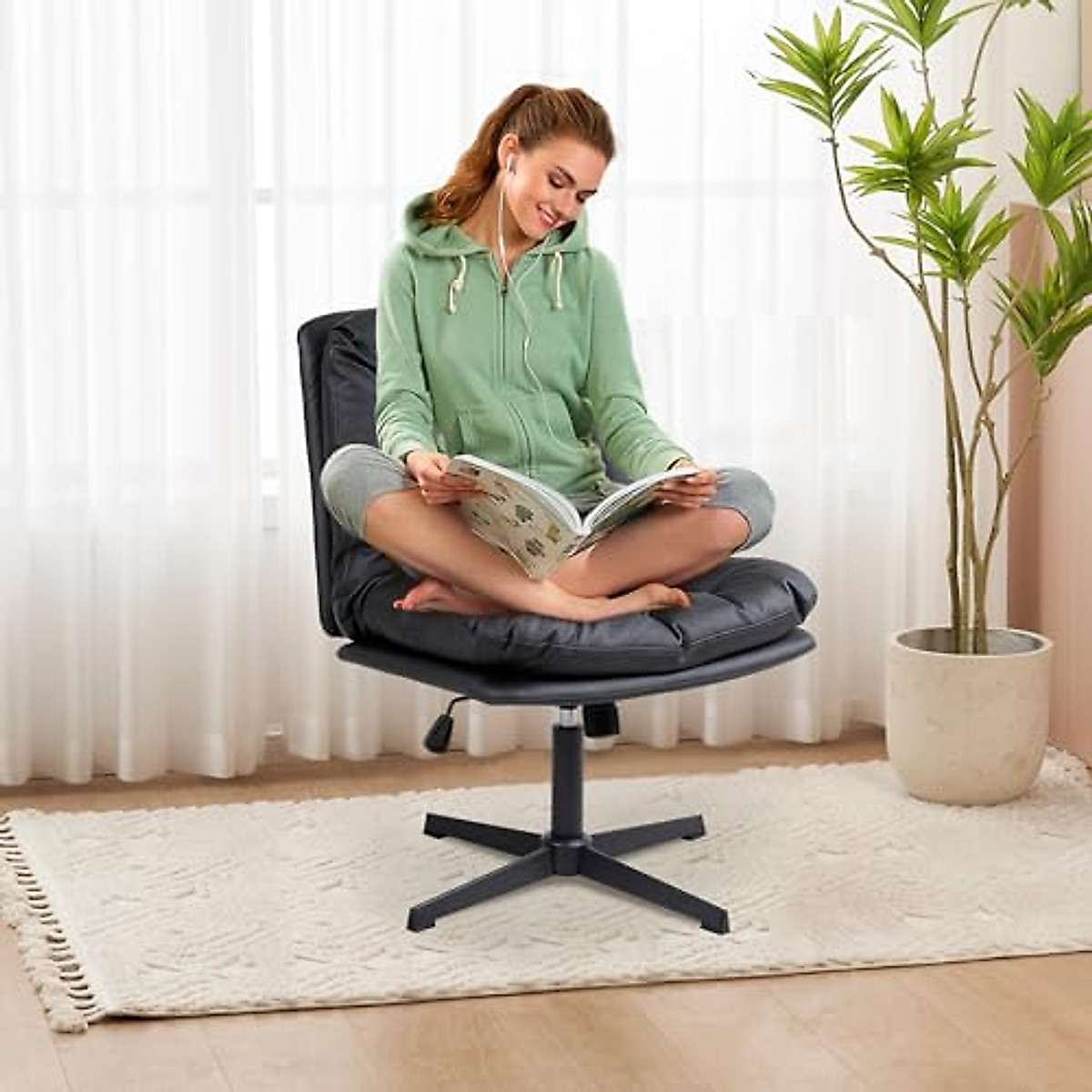 Chummaven High-Back Armless Home Office Chair No Wheels,Pu Leather Office Desk Chair Thick Swivel Rocking Vanity Chair Adjustable Computer Task Chair for Make Up,Small Space,Bedroom,Black