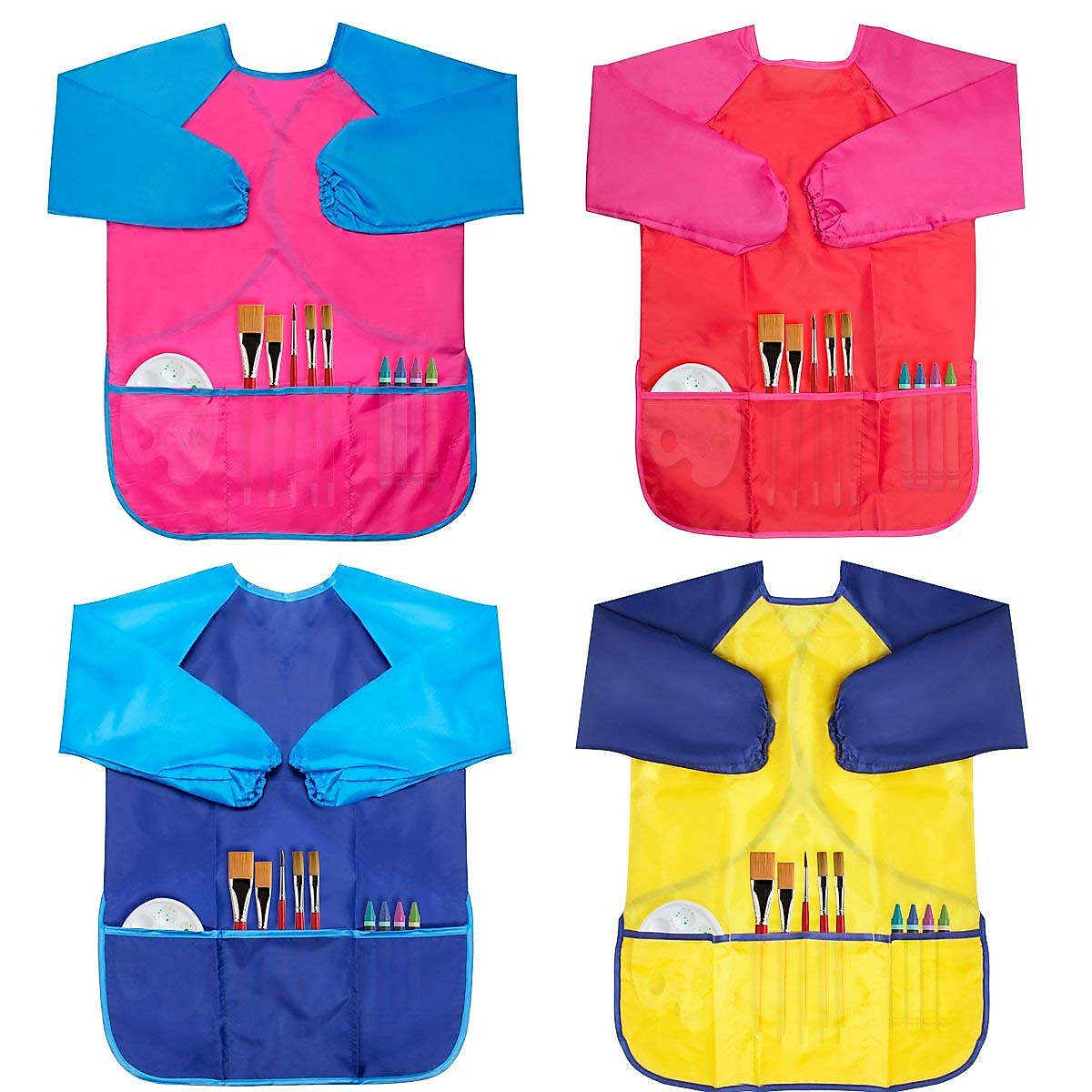 BAHABY Kids Art Smocks 4 Pack Painting Apron Waterproof Artist Smock with Long Sleeve and 3 Pockets for Age 3-8 Years
