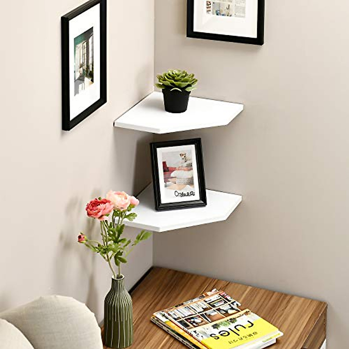 WELLAND 12-Inch Floating Corner Shelves Set of 2, Wall Mounted Storage Shelf with White Finish for Bedroom, Living Room, Bathroom, Display Shelf for Small Plant, Photo Frame, Toys and More