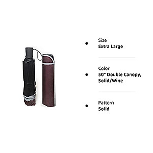 50 inch Large-size Manual Collapsible Travel Umbrella - Compact, Lightweight, UV Protection, Reverse Umbrella for Men and Women (Double Canopy/Wine)