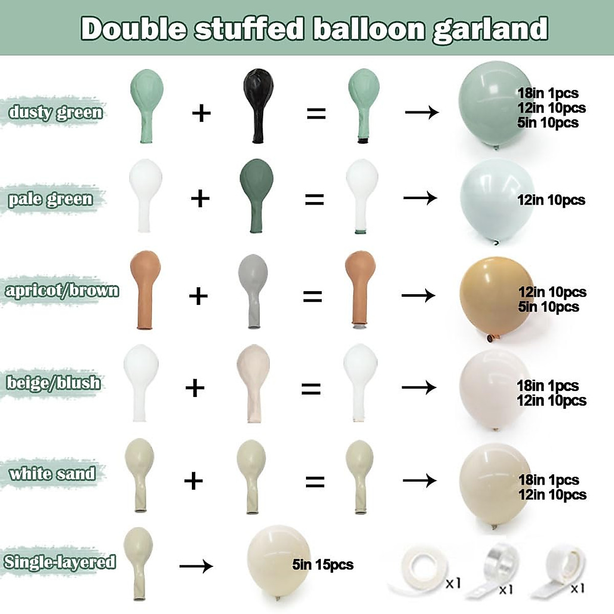 Dusty Green Tan Balloon Garland Double Stuffed Light Sage Green White Sand Brown Balloon Pastel Green Beige Balloon Arch Kit for Baby Shower Birthday Wedding Party Decoration
